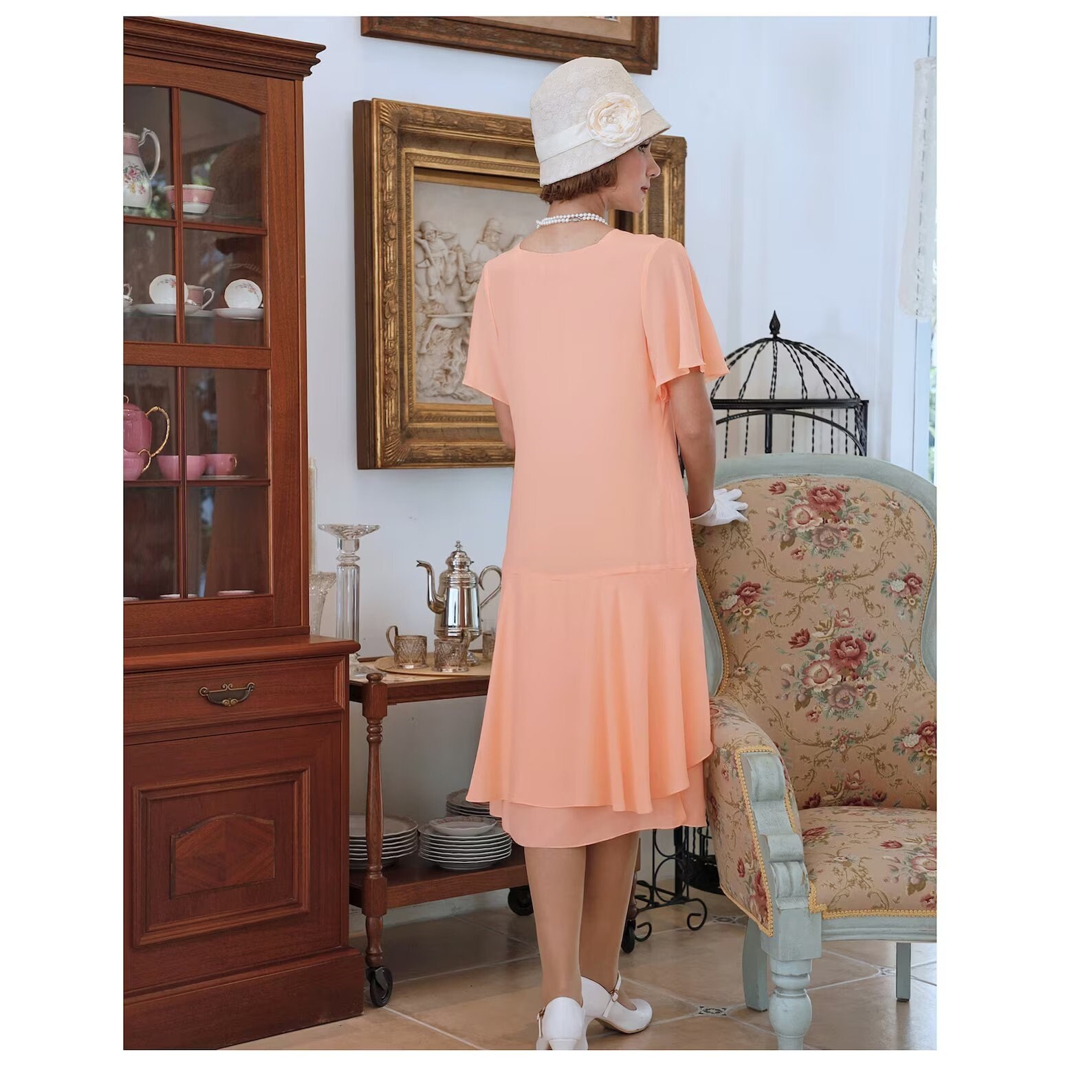 1920s Summer Tea Dress in Peach With Sweetheart Neckline, Downton Abbey ...
