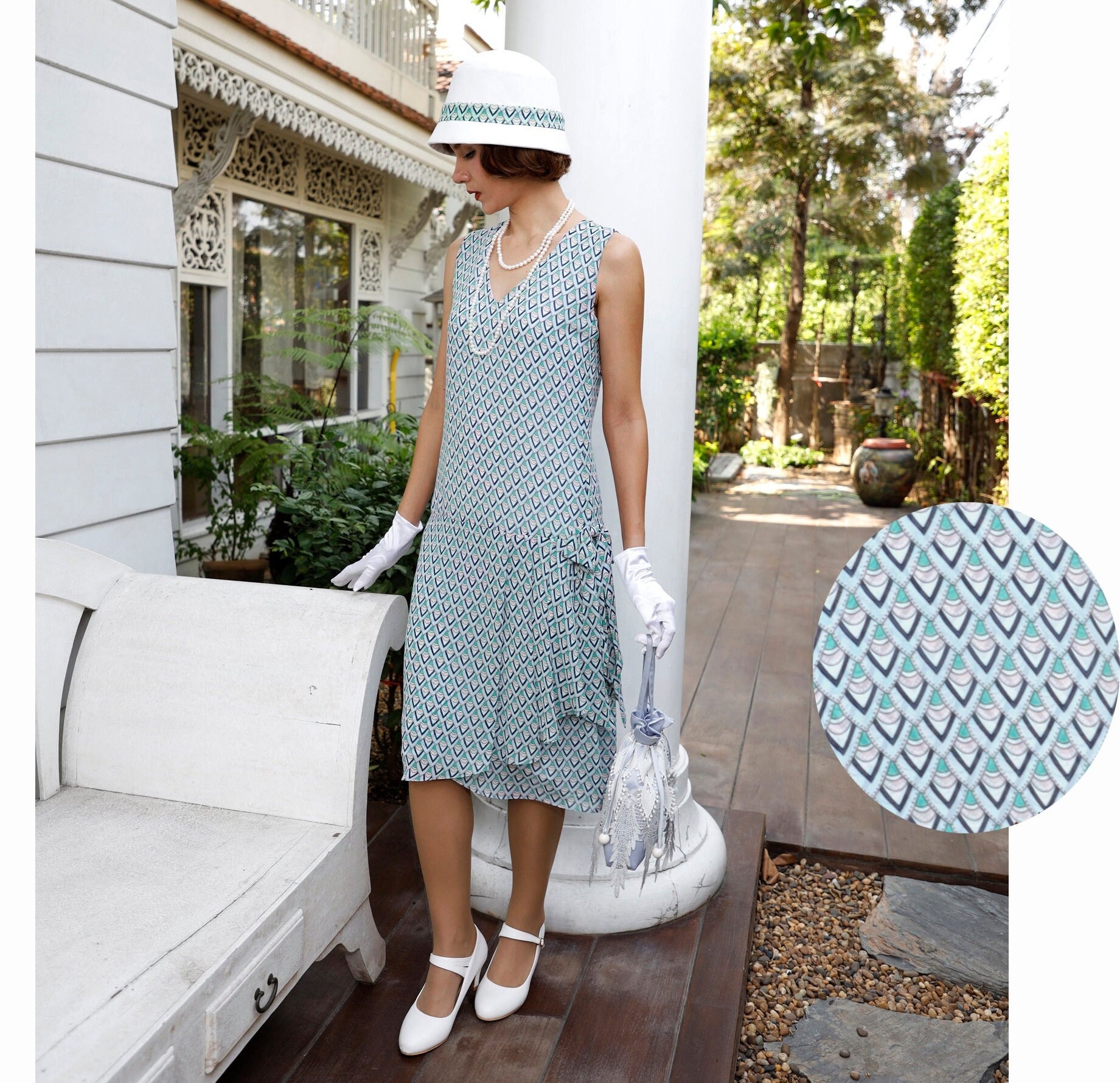 1920s Summer Dress in Light Blue Deco Print With Drape and Bow, 1920s ...