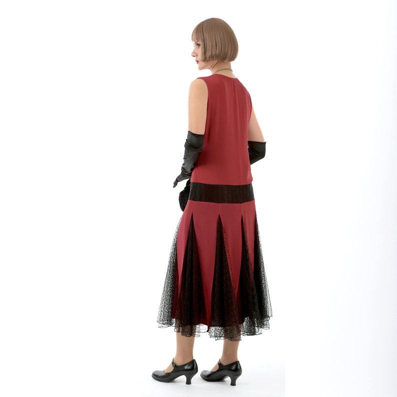 Maroon Red 1920S Evening Dress With Black Tulle Lace Zig Zag Details ...