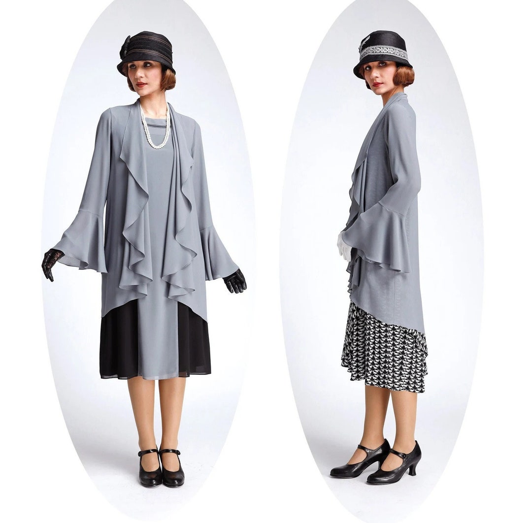 Grey Chiffon Cardigan With Cascade Collar, Grey Great Gatsby Jacket ...