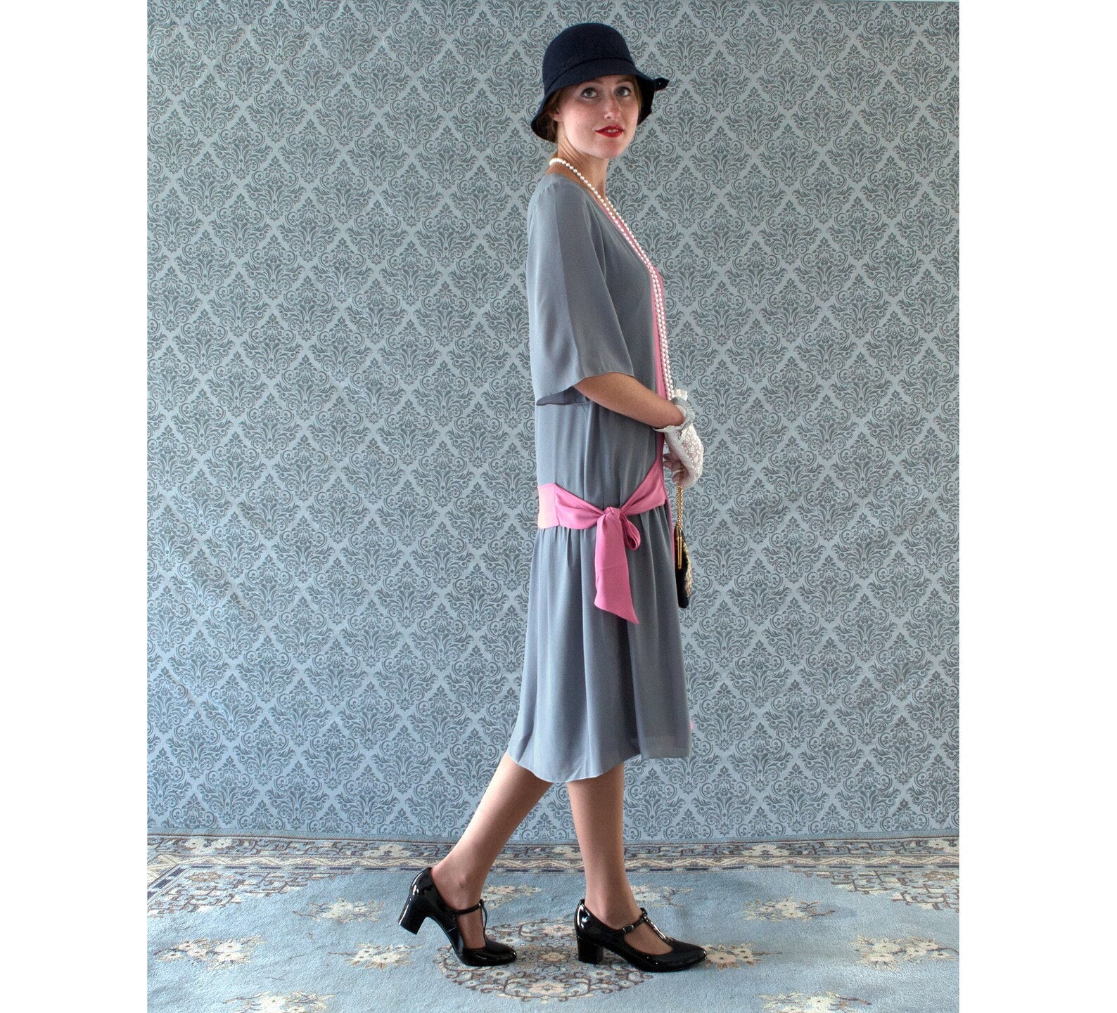 1920s Flapper Dress in Grey and Pink, Roaring 20s Costume, Great Gatsby ...