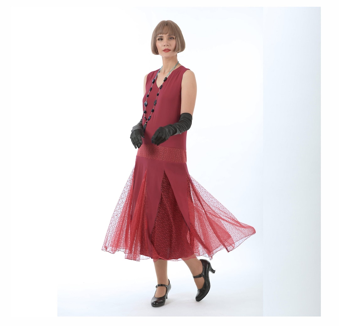 Roaring 20s Evening Dress in Maroon Red Chiffon and Red Tulle Lace ...