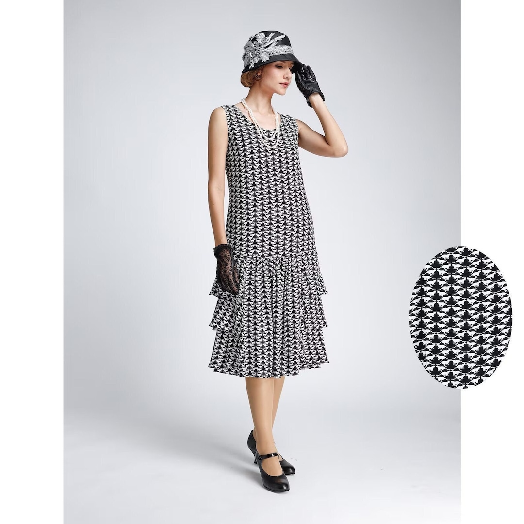 1920s Black and White Viscose Rayon Art Deco Dress, Gatsby Dress With ...