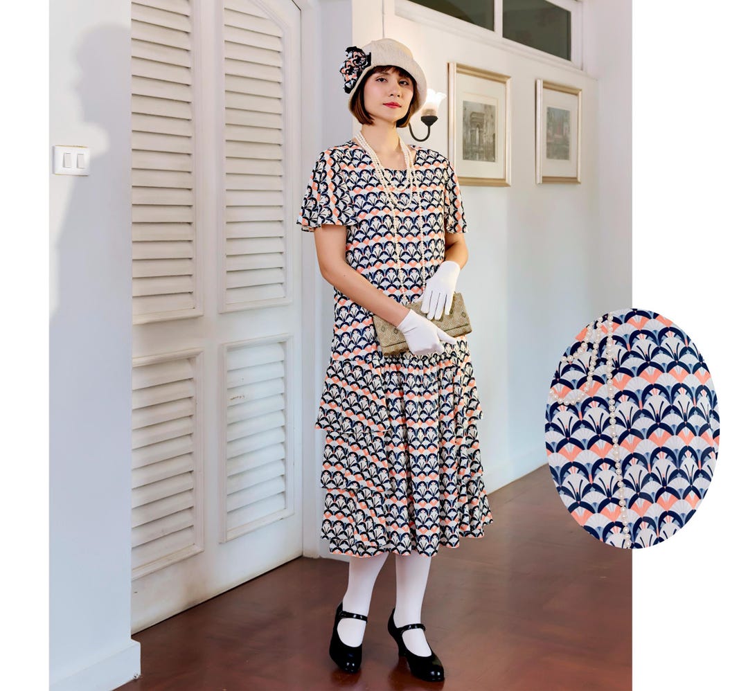 Chiffon Flapper Day Dress With Tiered Skirt, Flutter Sleeves, Art Deco ...