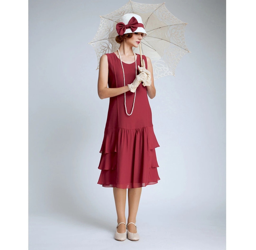 Great Gatsby Chiffon Dress in Maroon Red With Tiered Skirt, Red 1920s ...