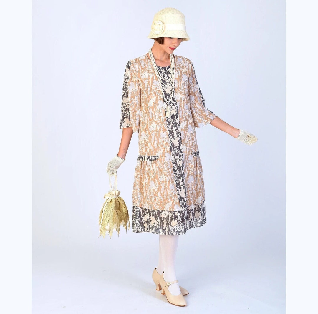 1920s Chiffon Dress in Brown and Black Camouflage, Great Gatsby Summer ...