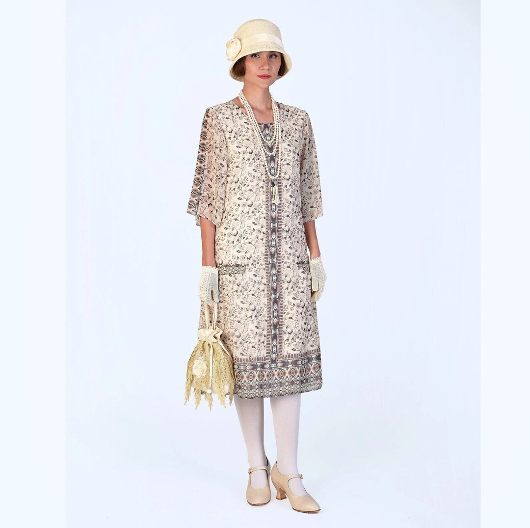 1920s High Tea Dress in Printed Cream Chiffon With Elbow Sleeves, Great ...