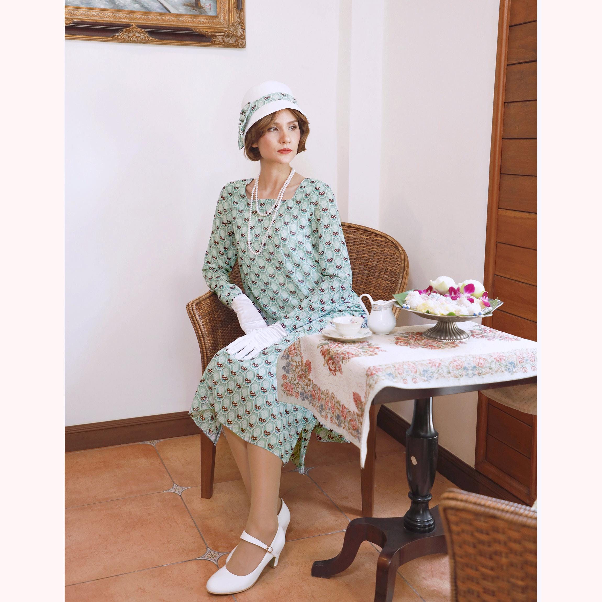 1920s Two-piece Outfit in Printed Green Chiffon, Great Gatsby Summer ...