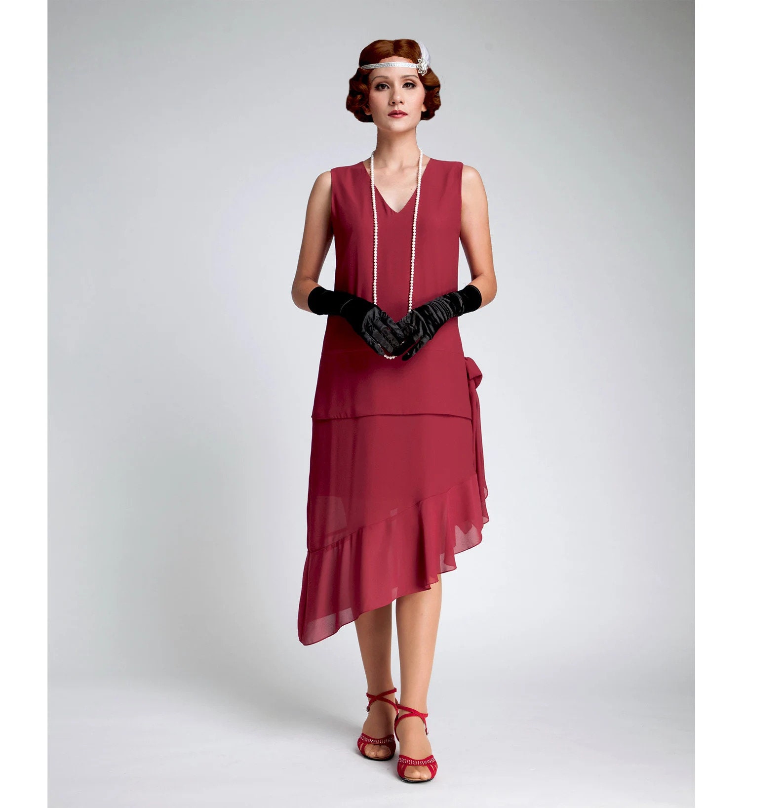 Maroon Red 1920s Flapper Dress With Asymmetrical Skirt, Great Gatsby ...