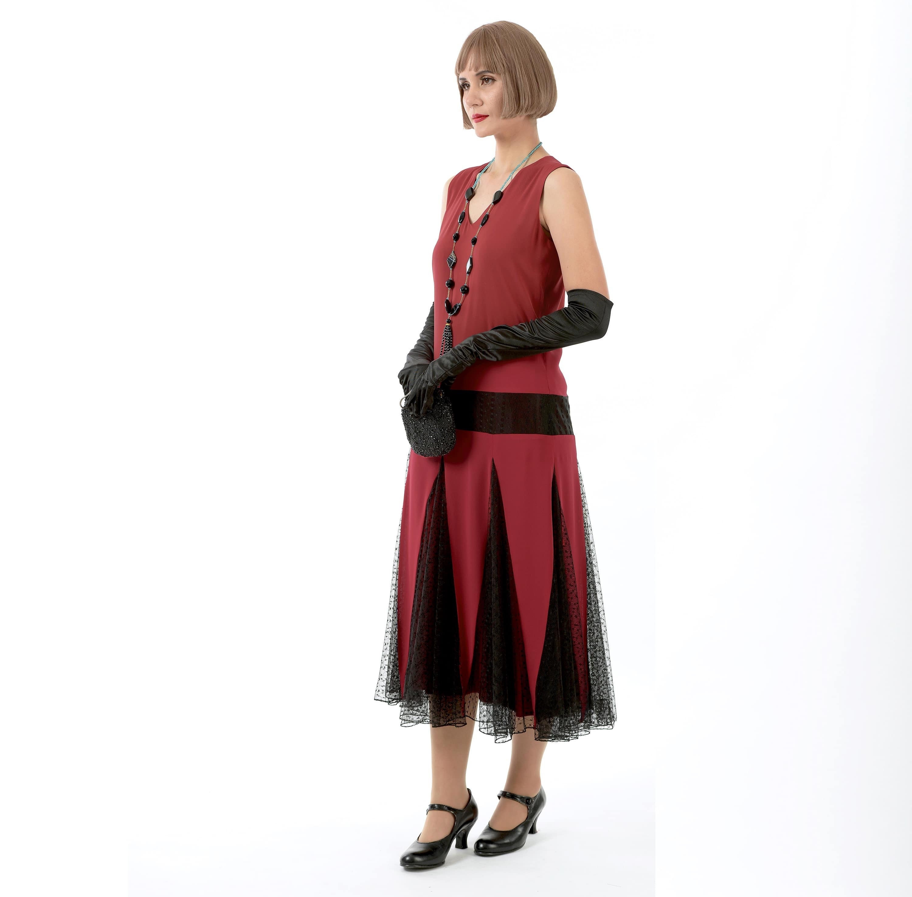 Maroon Red 1920S Evening Dress With Black Tulle Lace Zig Zag Details ...