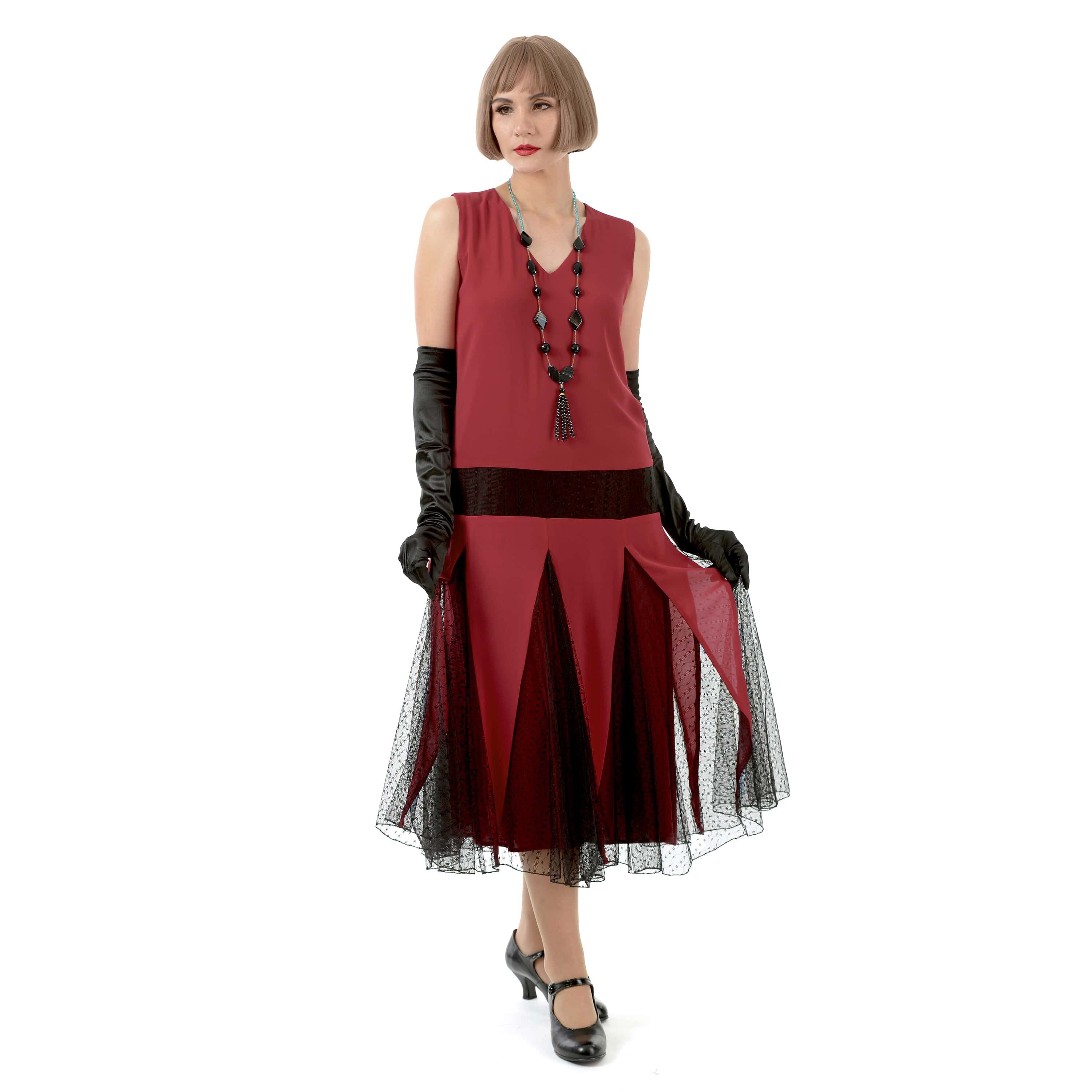 Maroon Red 1920S Evening Dress With Black Tulle Lace Zig Zag Details ...