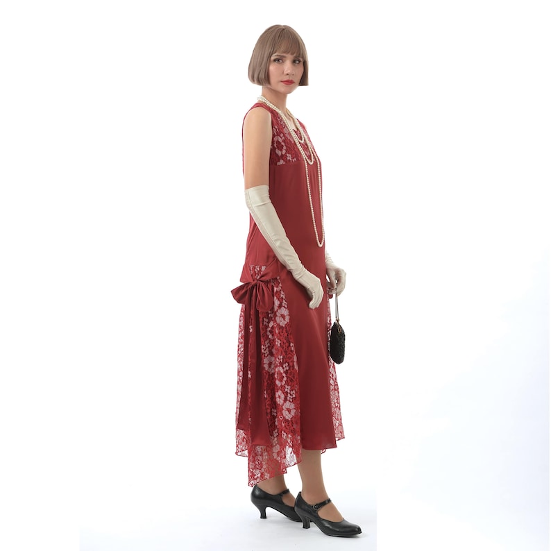 1920s Fashion for Women, Dark Red 1920s Satin Evening Dress, Lace ...