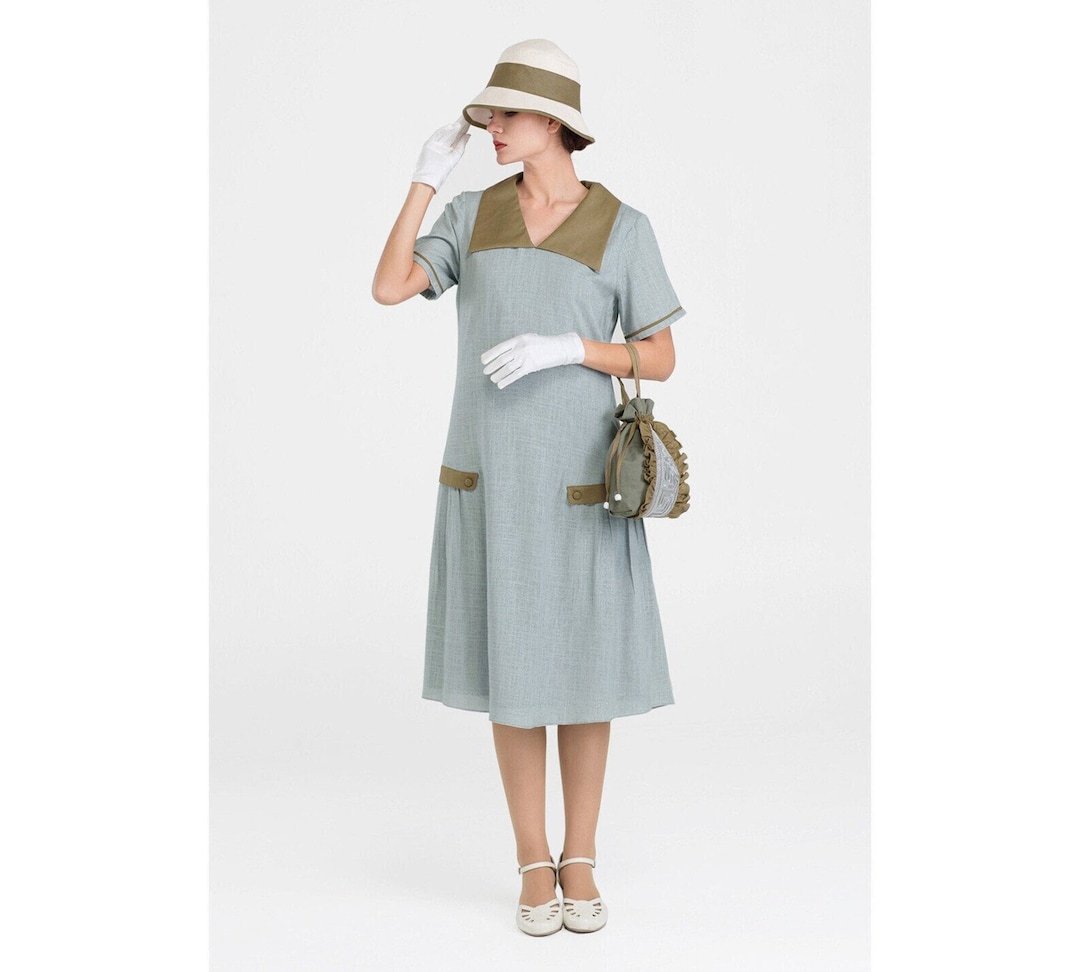 1920s Linen Dress in Grey and Olive With Large Puritan Collar & Short ...