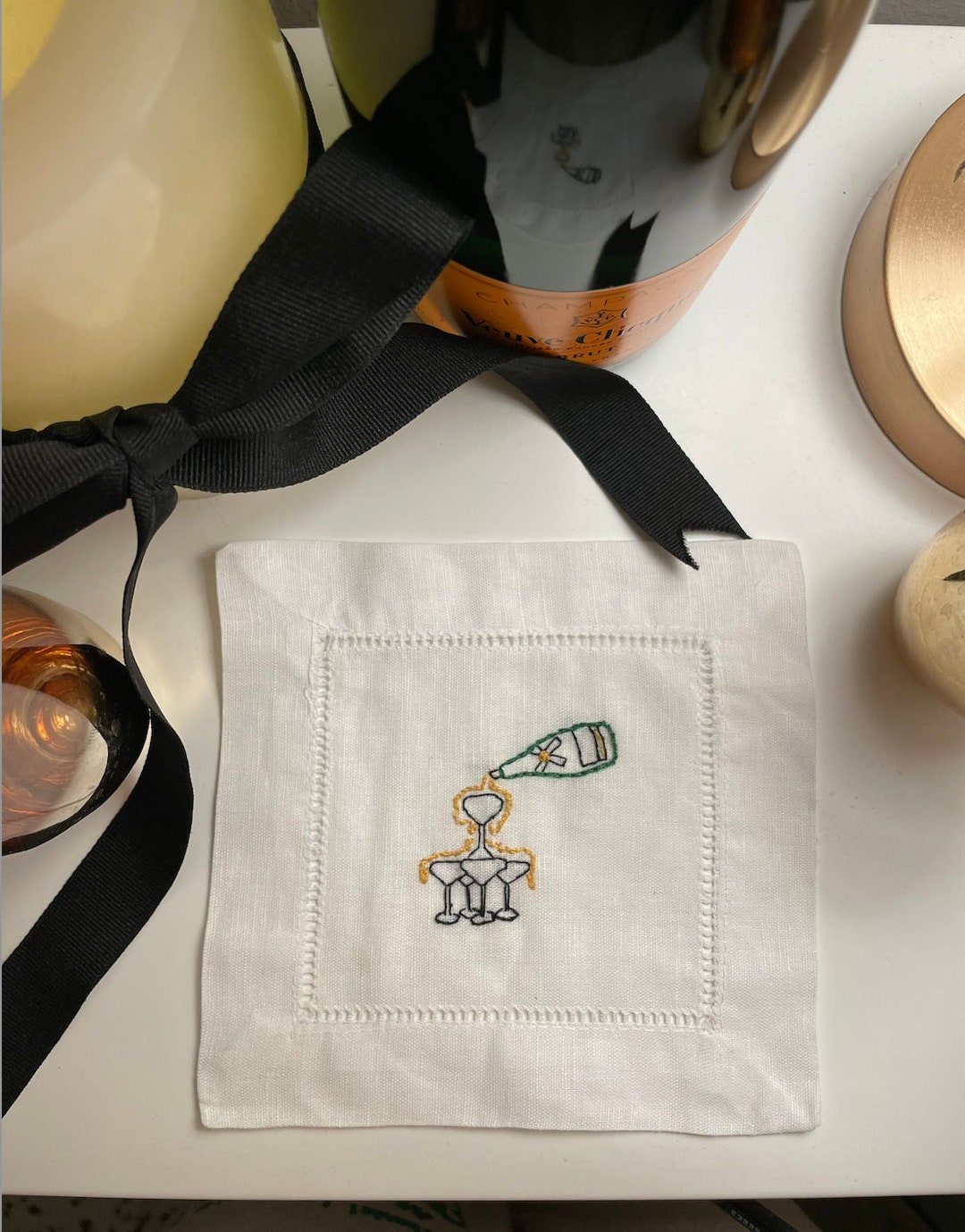Hand Embroidered Champagne Tower Cocktail Napkins - Etsy