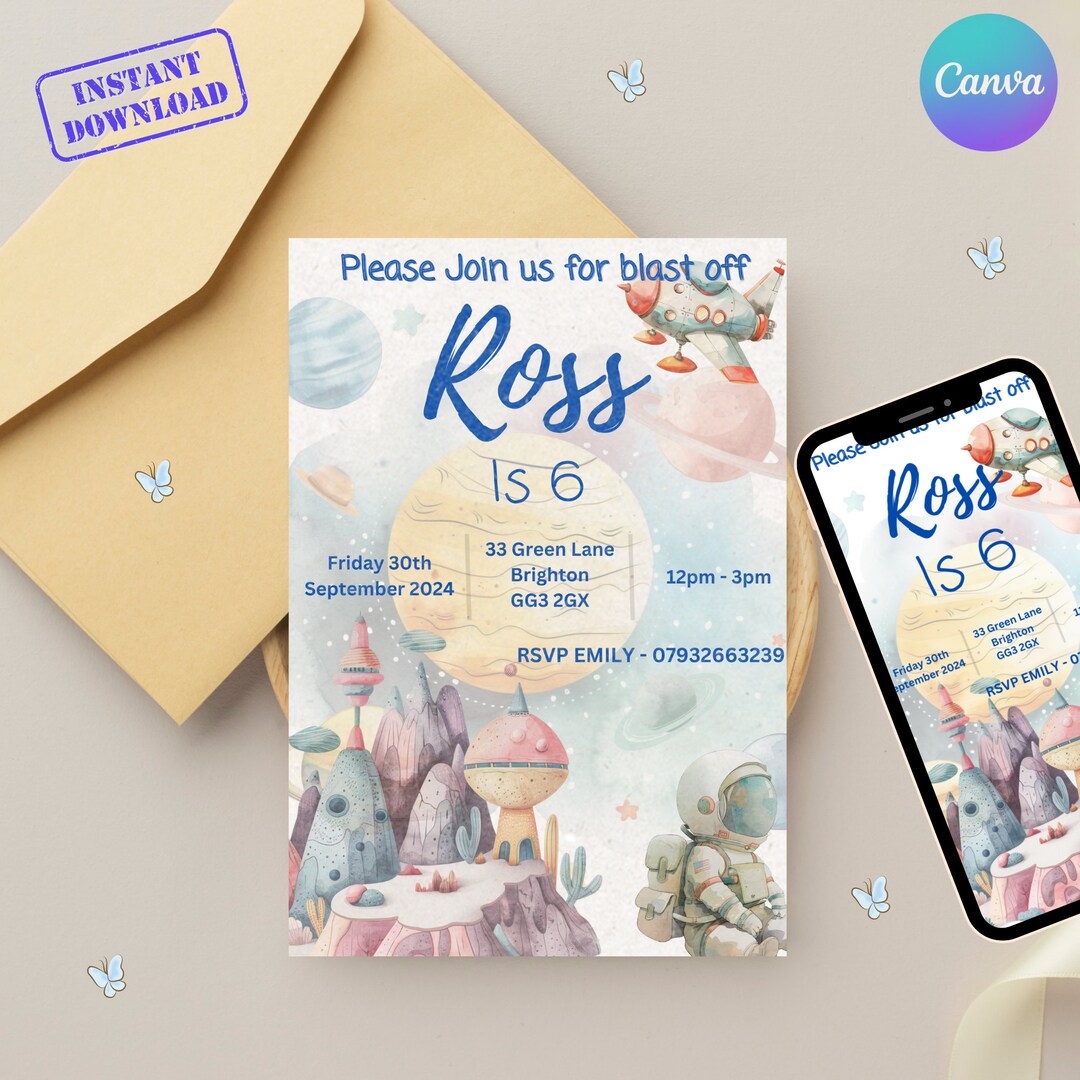 Space Themed Invitation, Boys/girls Children Party, Any Age Digital ...
