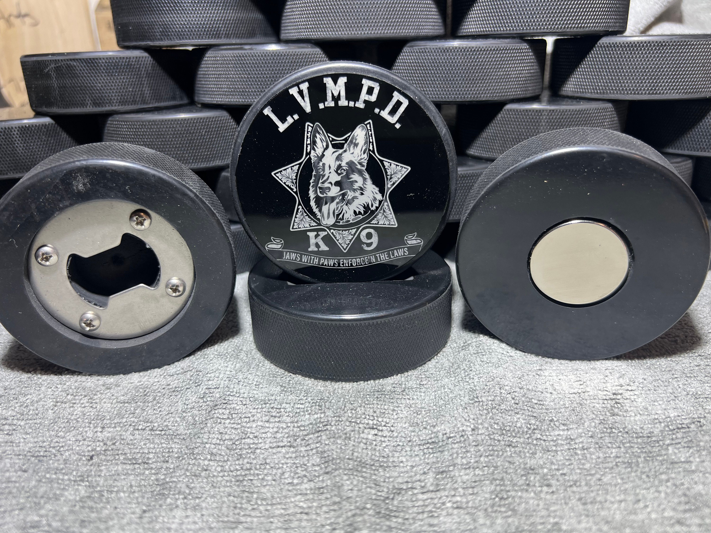 Hockey Puck Bottle Opener and Magnet Custom Made Black Acrylic Photo ...