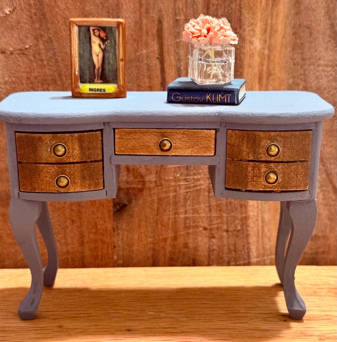 Miniature Wood Desk Hand Painted in Nantucket Blue, With Walnut Stained ...
