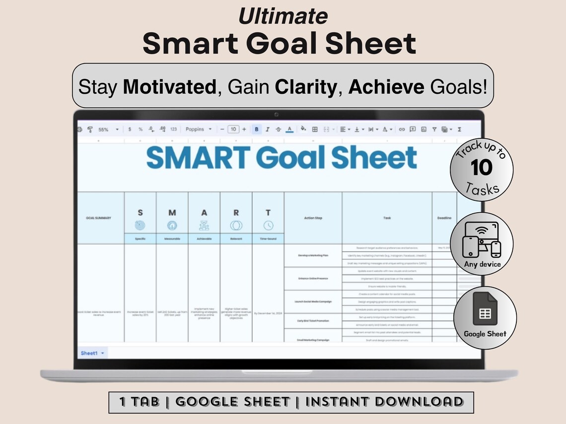 SMART Goals Tracker: Google Sheets Goal Setting Spreadsheet (instant ...