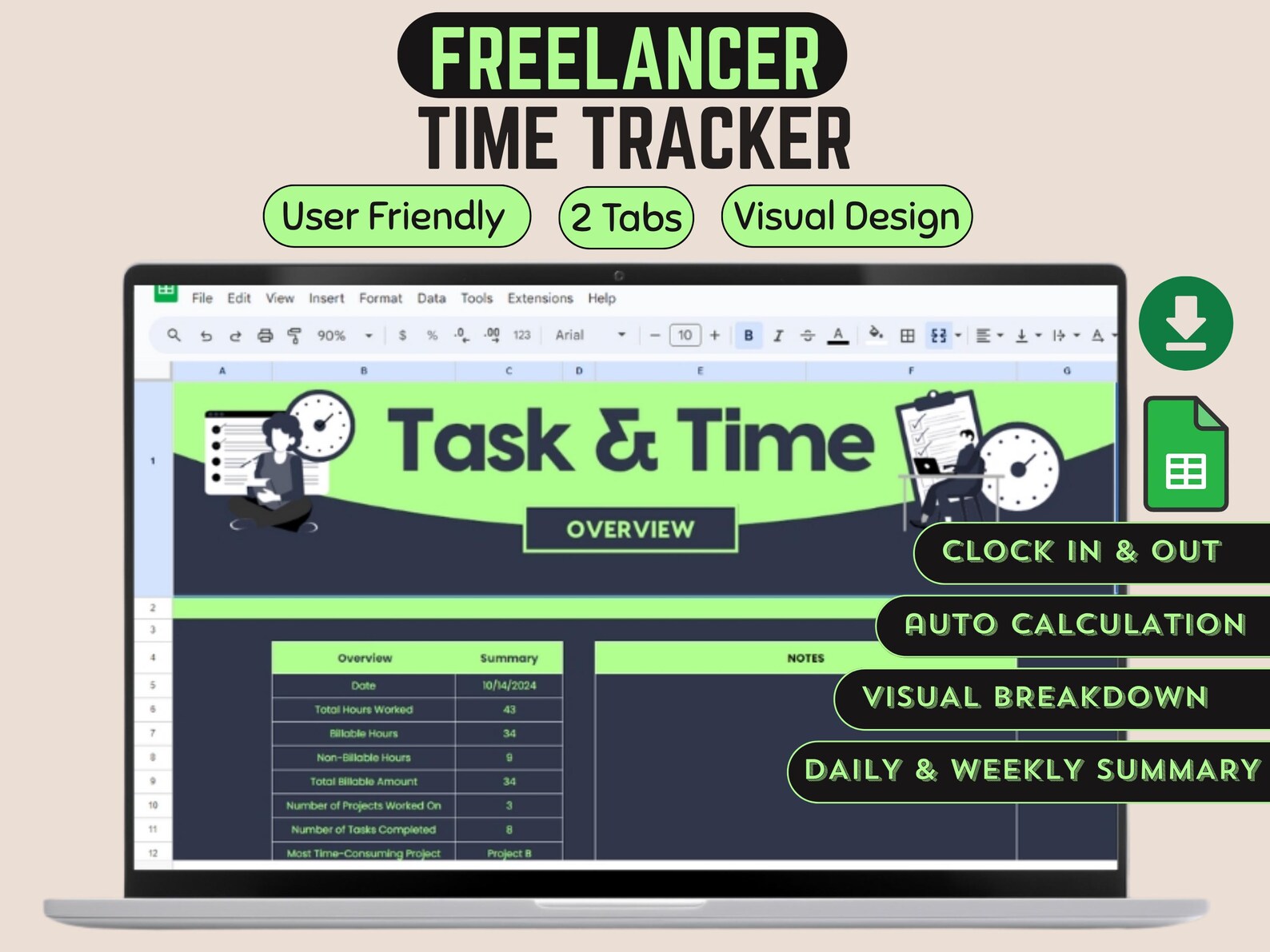 Time Tracker Spreadsheet: Freelance Hour & Client Time Log (digital ...
