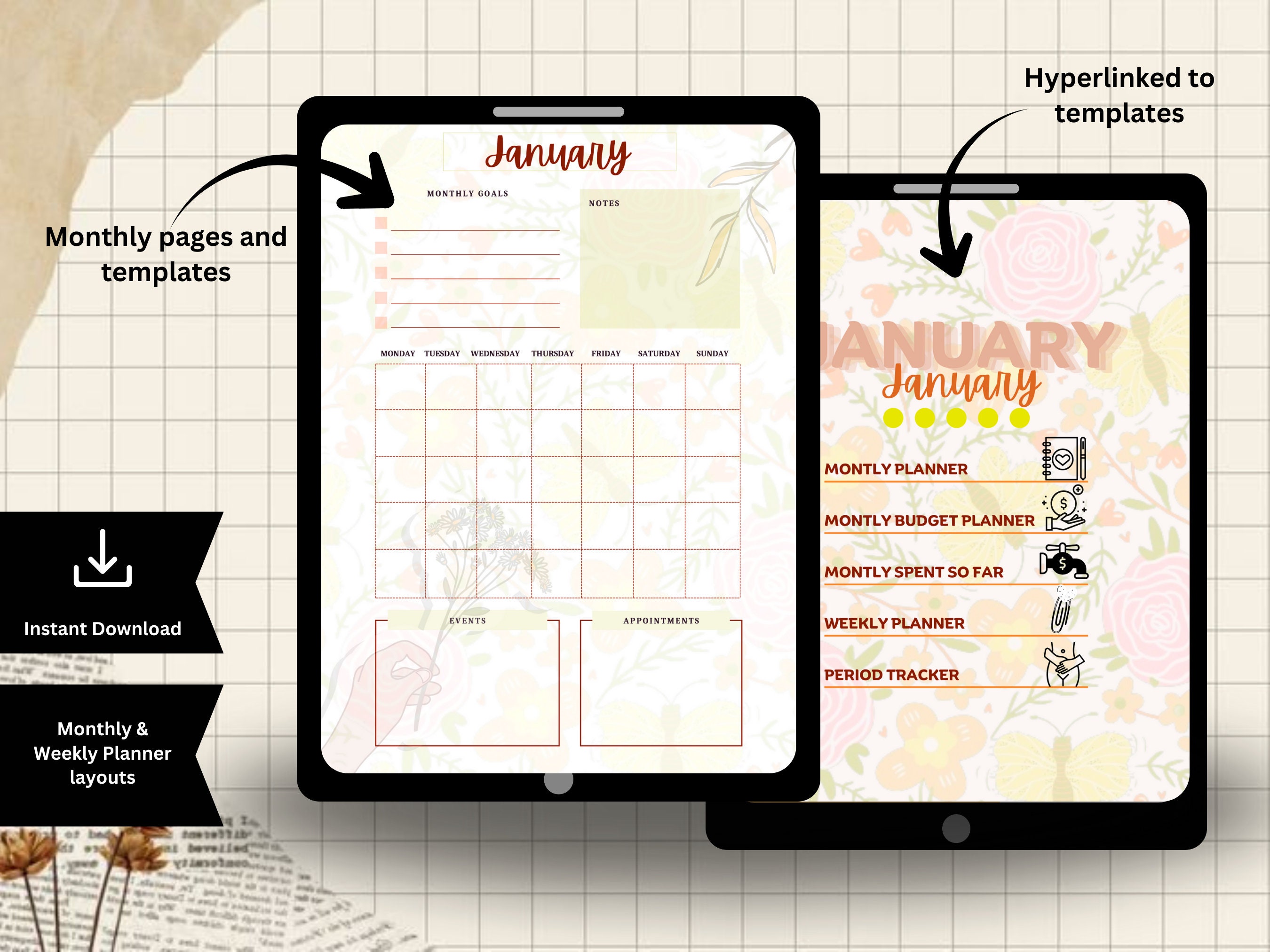 Simple Floral Monthly 2024 Planner Digital Journal Digital Planner 2024 ...