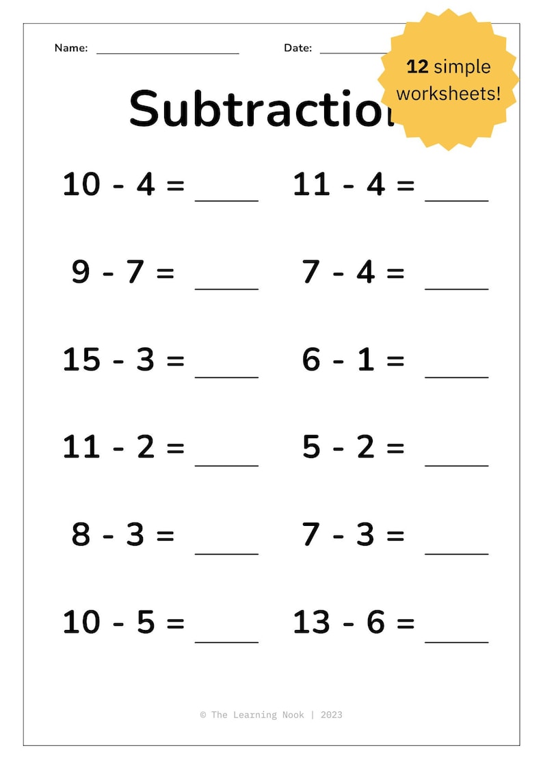 12 Printable Subtraction Worksheets Minus, Maths Drills, Kids Learning ...