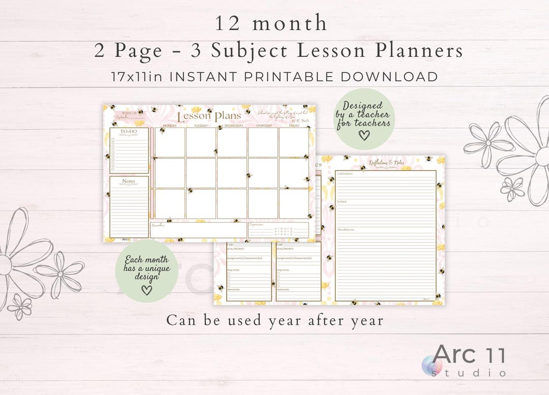 Bee Themed Teacher Planner Printable: 3-subject Weekly Lesson Organizer ...