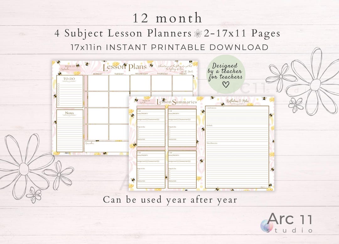 Bee Themed Teacher Planner: 12-month Weekly Lesson Organizer (digital ...