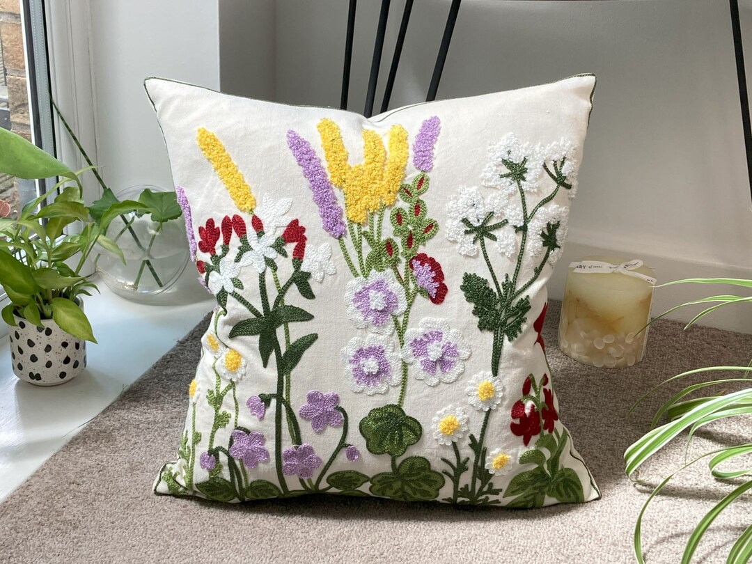 Botanical Embroidered Cushion Cover, Floral Home Decor Accent, Nature ...