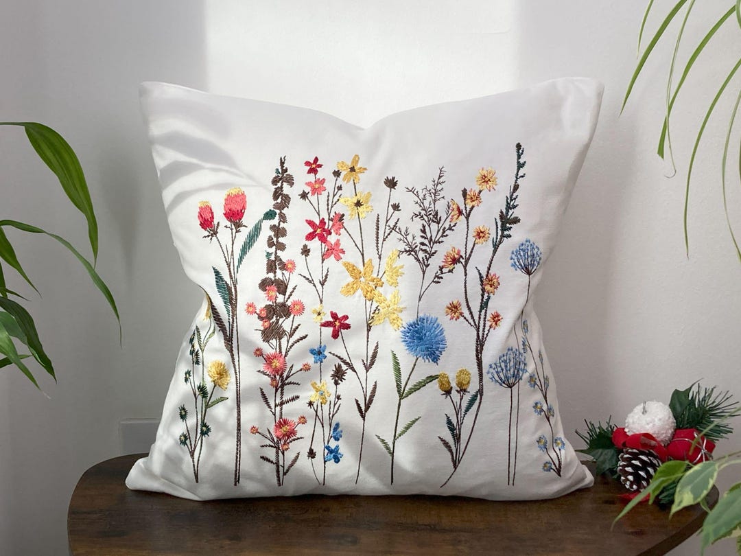 Botanical Embroidered Cushion Cover, Floral Home Decor Accent, Couch ...