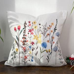 Botanical Embroidered Cushion Cover, Floral Home Decor Accent, Nature ...