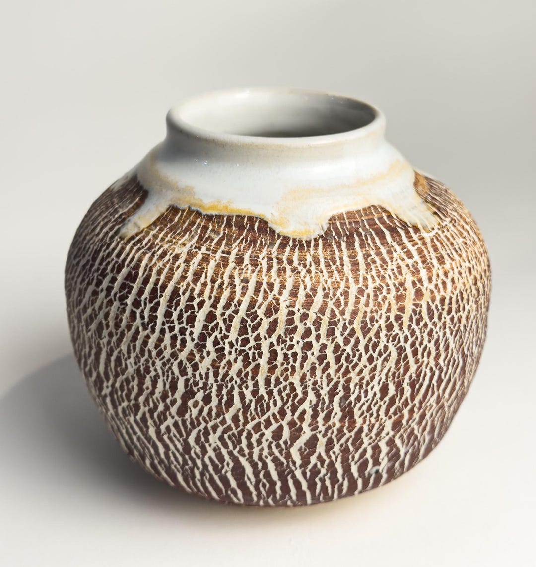 Hand Thrown Stoneware Flower Vase: Brown Crackle Texture Pottery - Etsy
