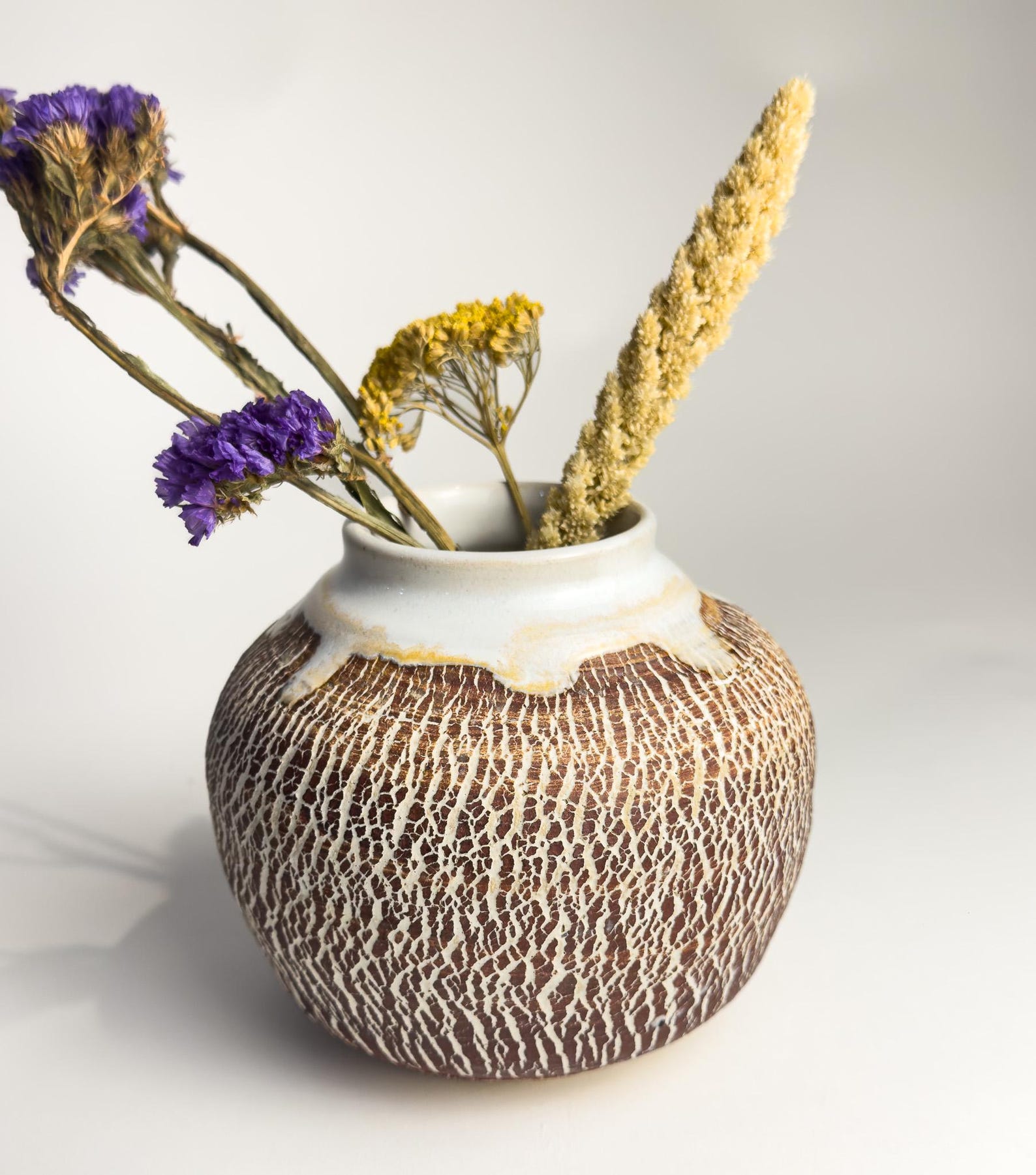 Hand Thrown Stoneware Flower Vase: Brown Crackle Texture Pottery - Etsy