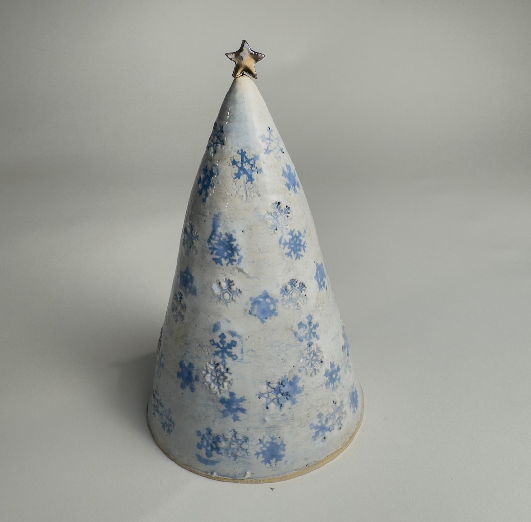 Ceramic Christmas Tree With Mishima Blue Snowflakes and Gold Star. Hand ...