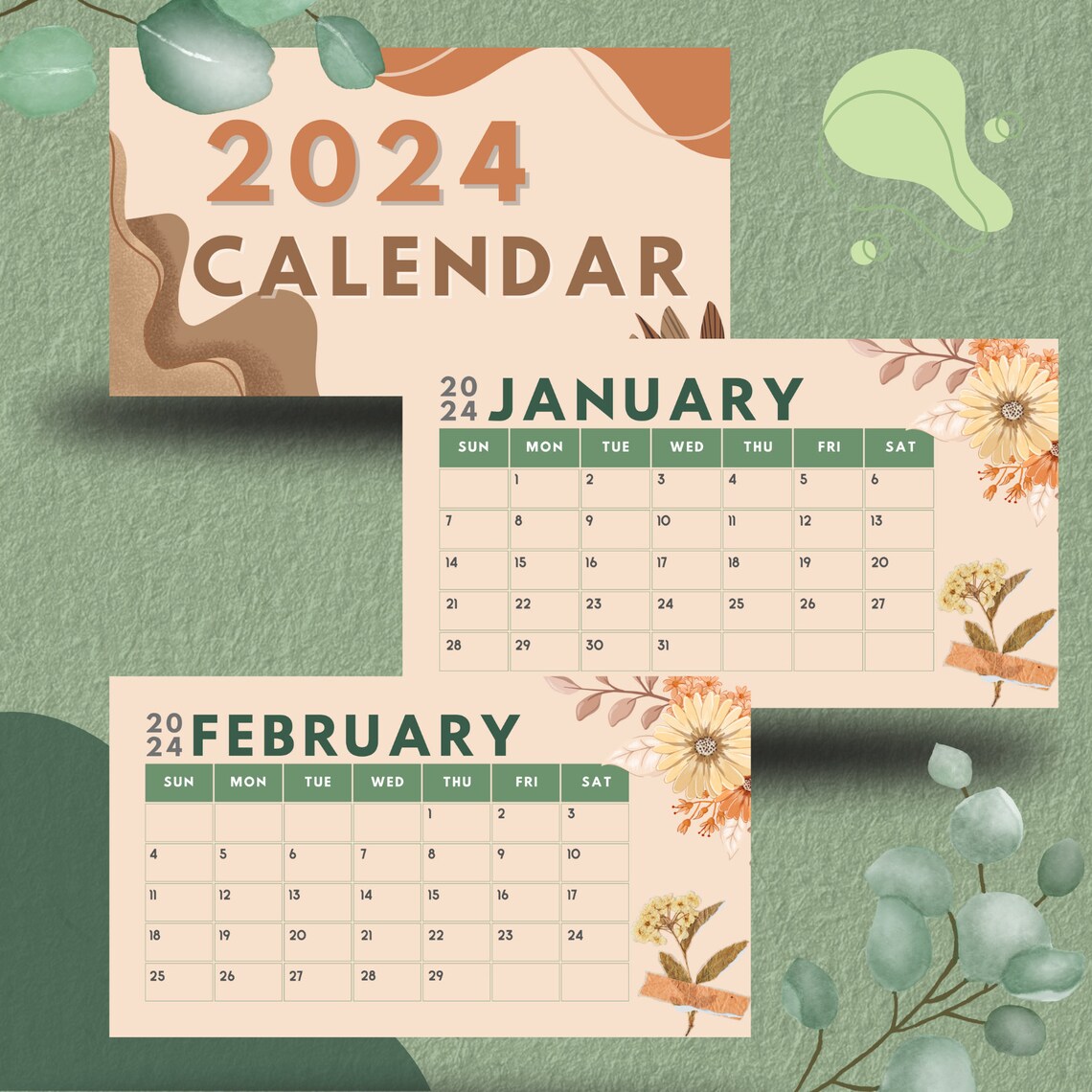 2024 Printable Digital Calendar 2024 Printable Calendar Download Wall ...