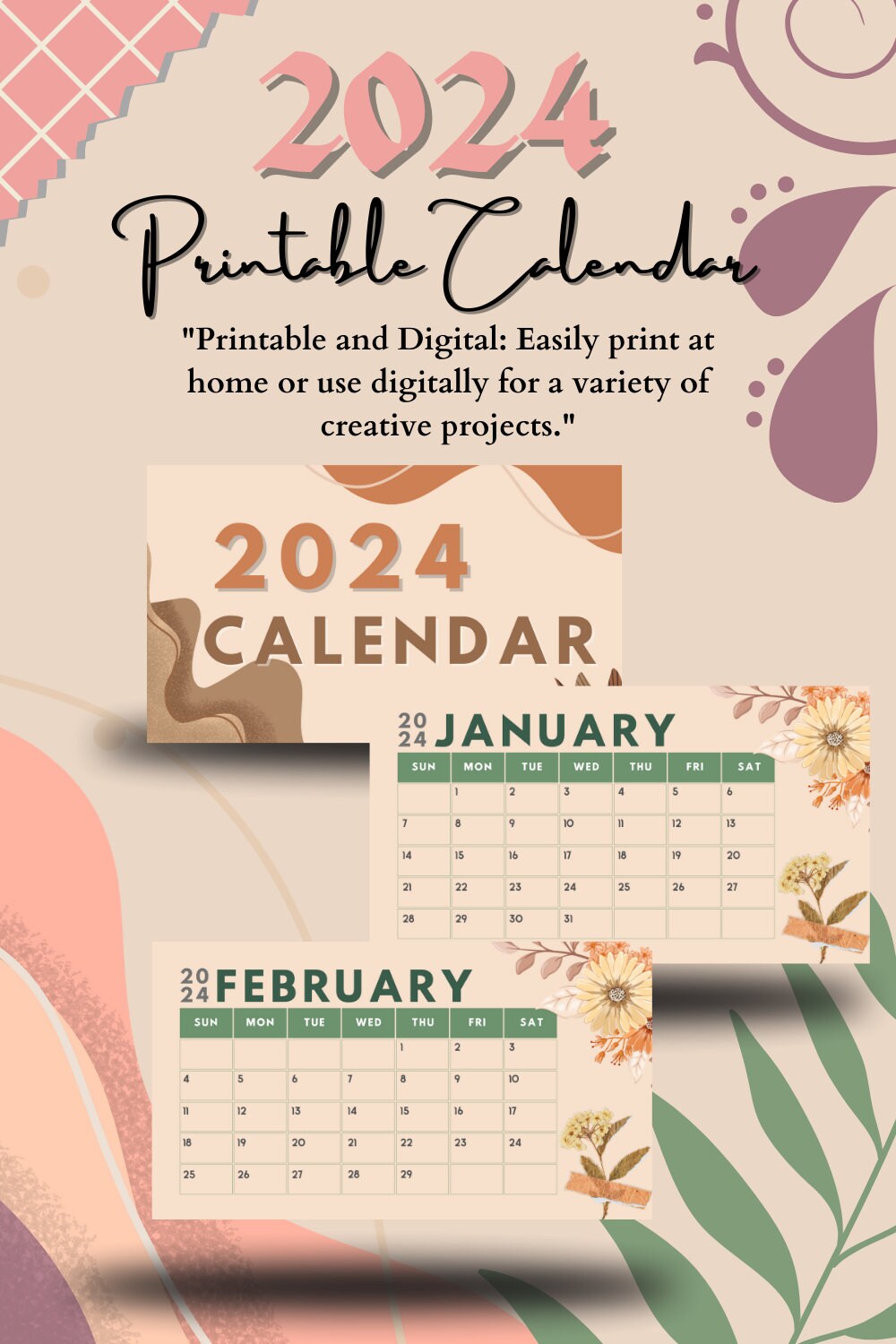 2024 Printable Digital Calendar 2024 Printable Calendar Download Wall ...