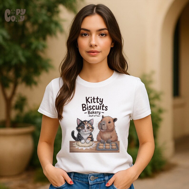 Kitty Biscuits Bakery Staff of Two PNG | Cute Cat and Capybara Baking Clipart | Cozy T-shirt ...