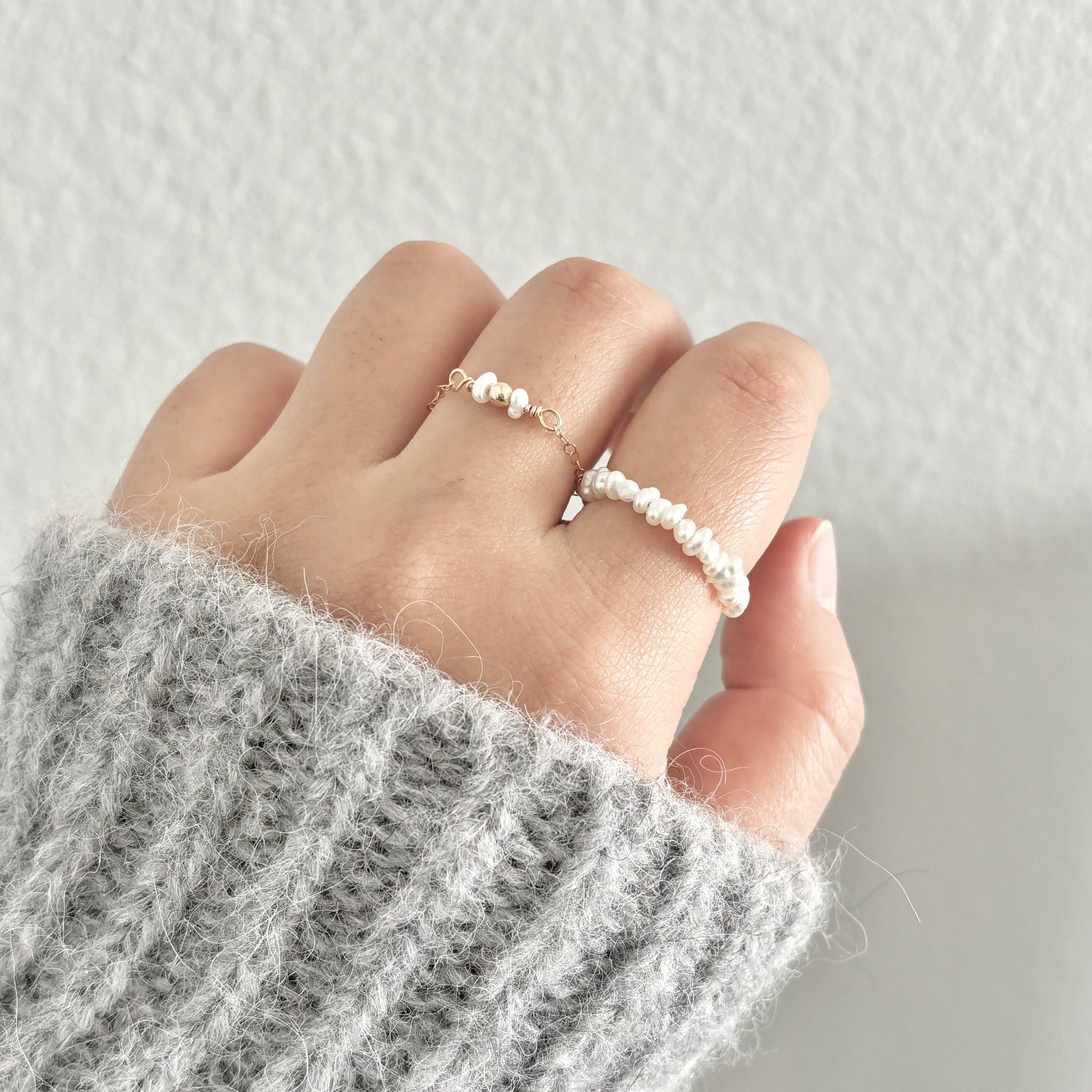 Freshwater Pearl Ring Beaded Pearl Ring Dainty Pearl Band Tiny Pearl ...
