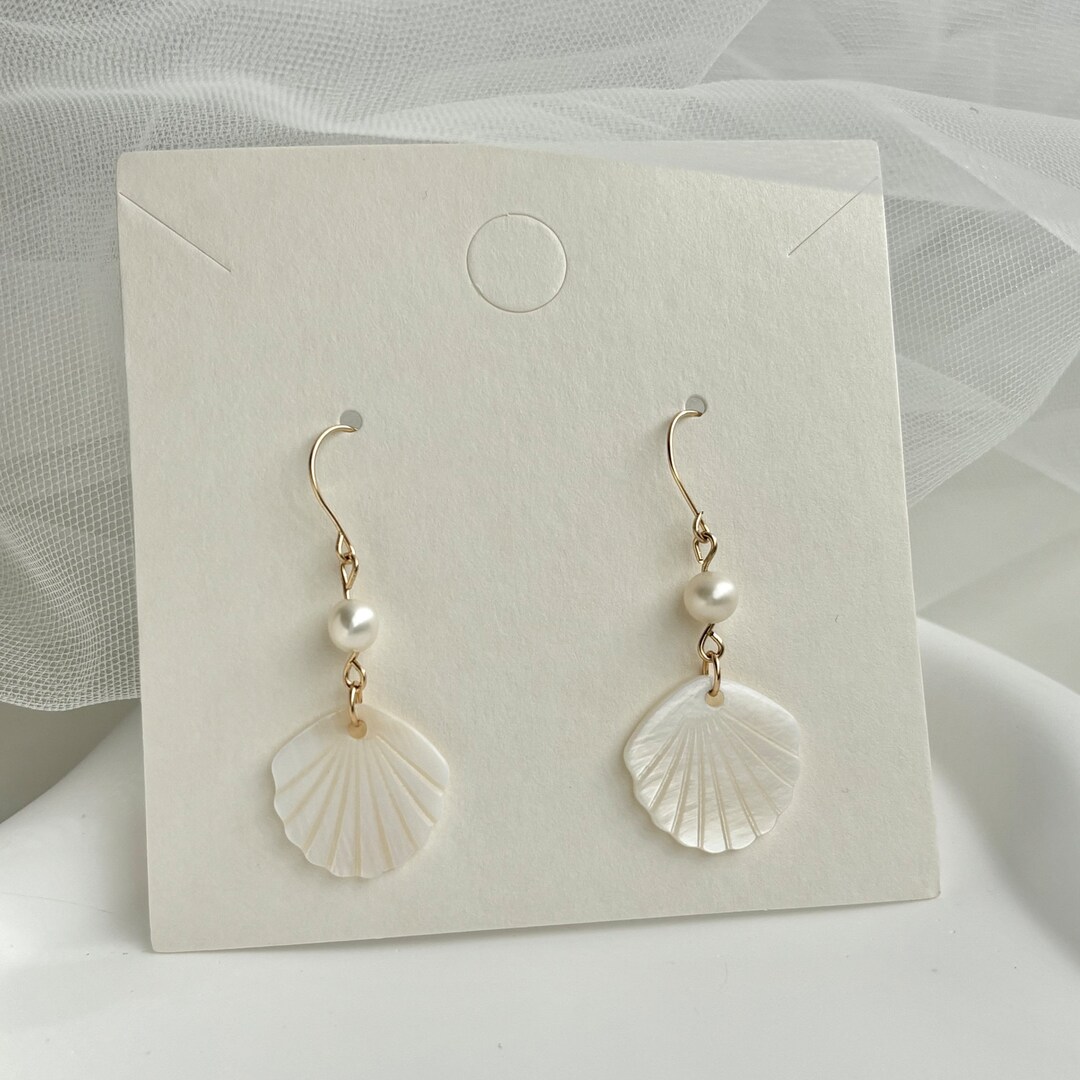 Shell Pearl Earring, Gold Dangle Earring, Tiny Freshwater Pearl Drop ...