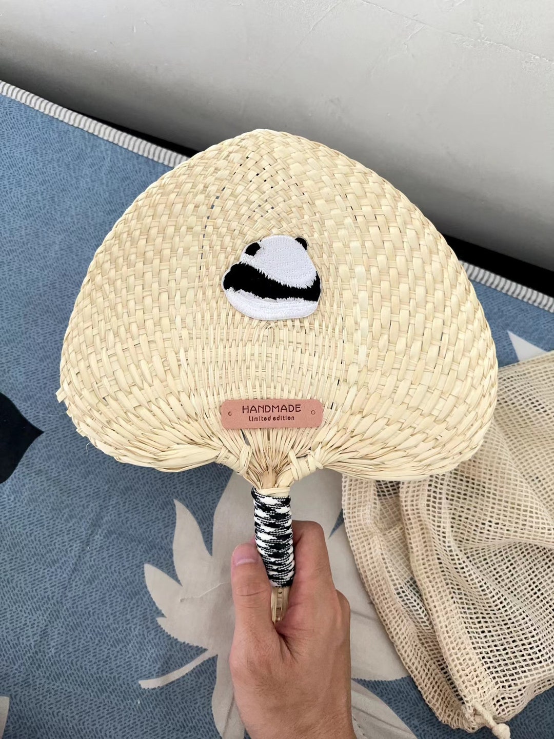Panda Fan Hand Embroidered Cattail Fan Palm Hand Woven Handmade Fan ...