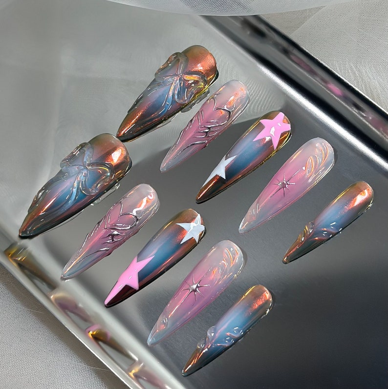 Y2k Silver Metallic/y2k Style Punk Nails / Nails Silver Ombre Pink ...