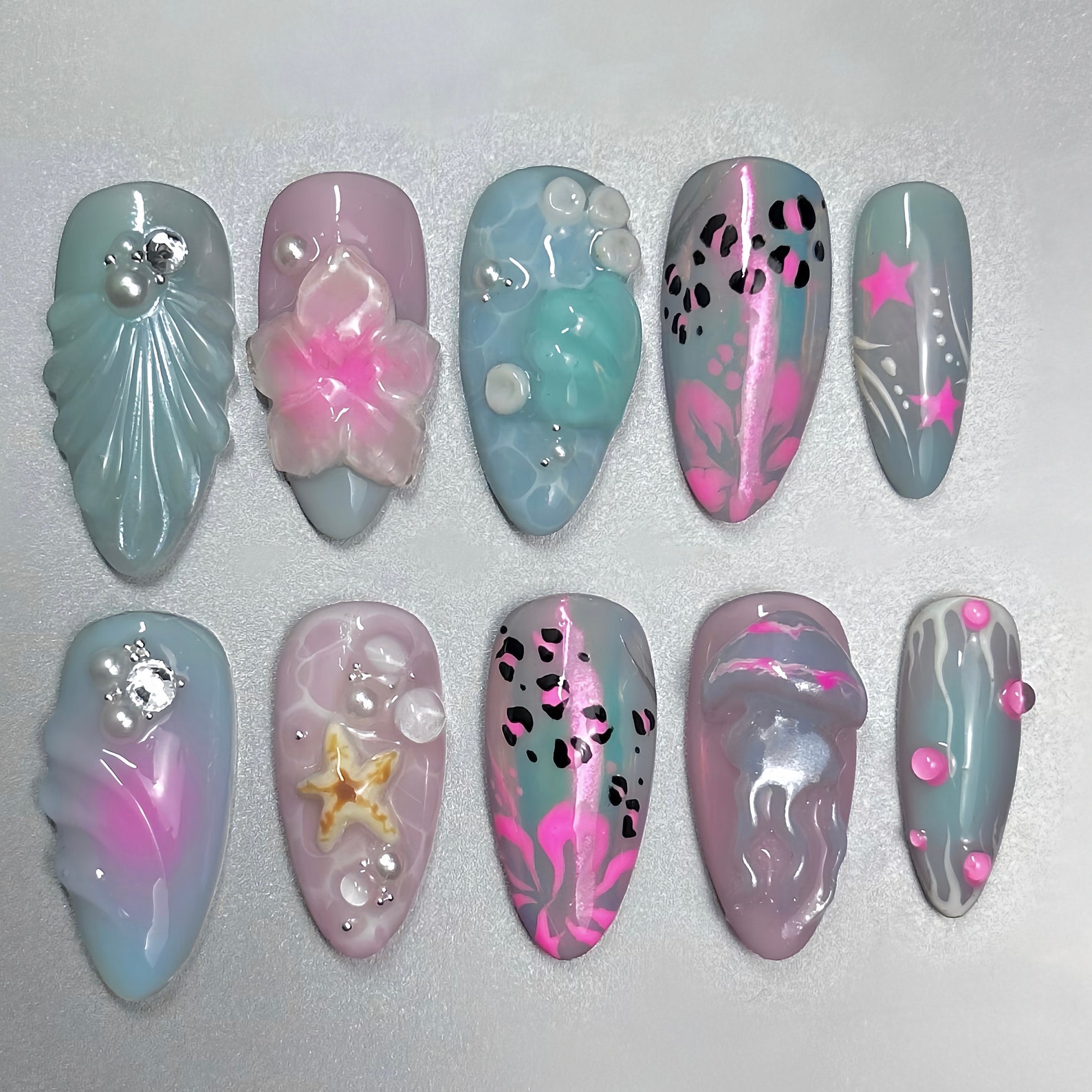 3D Seashell With Starfish Long Almond Press on Nails,summer Fake ...