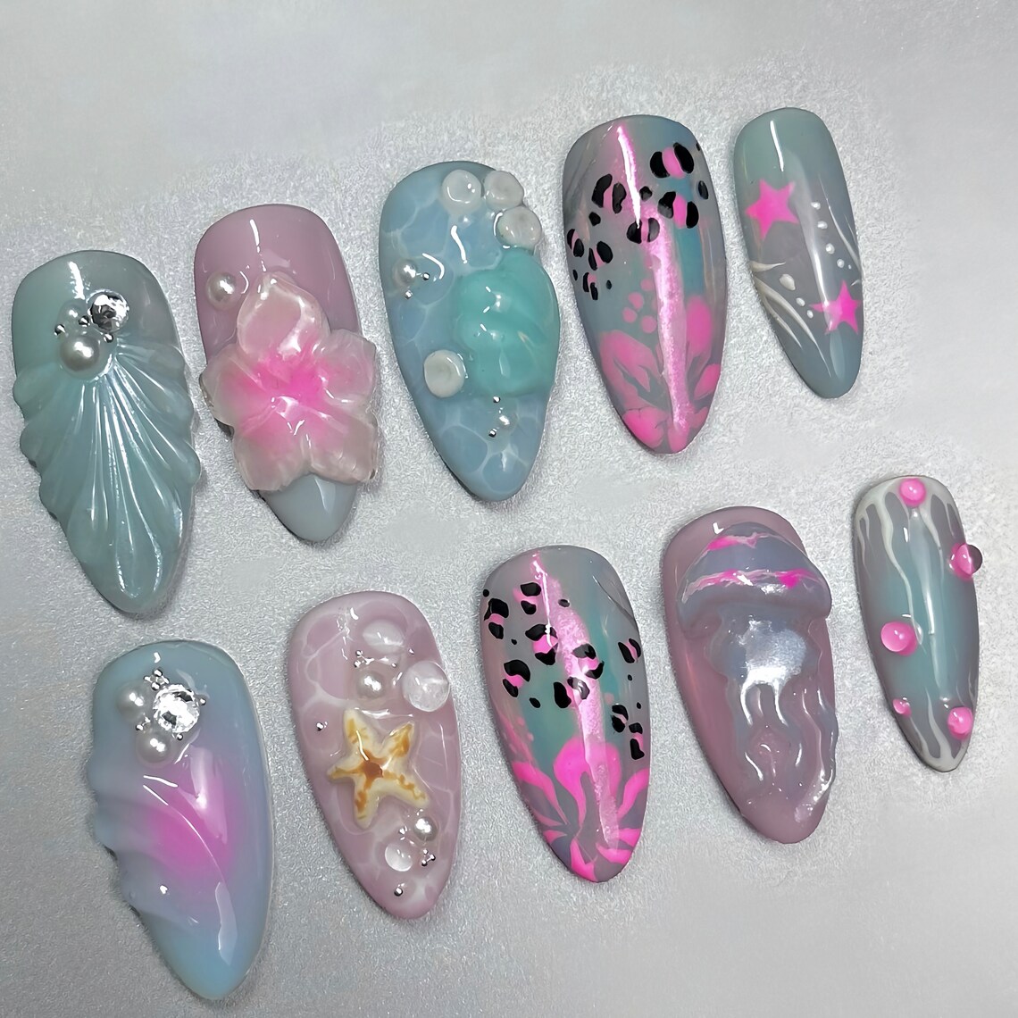 3D Seashell With Starfish Long Almond Press on Nails,summer Fake ...