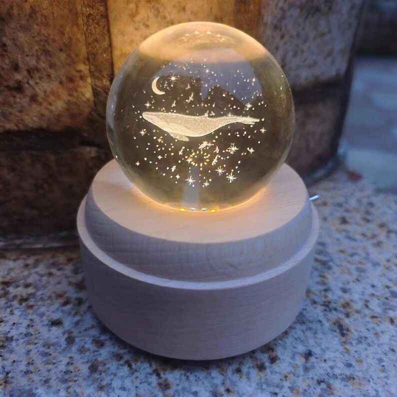 Whale Crystal Music Box, Rotating Marine Animal, Wooden Base - Etsy