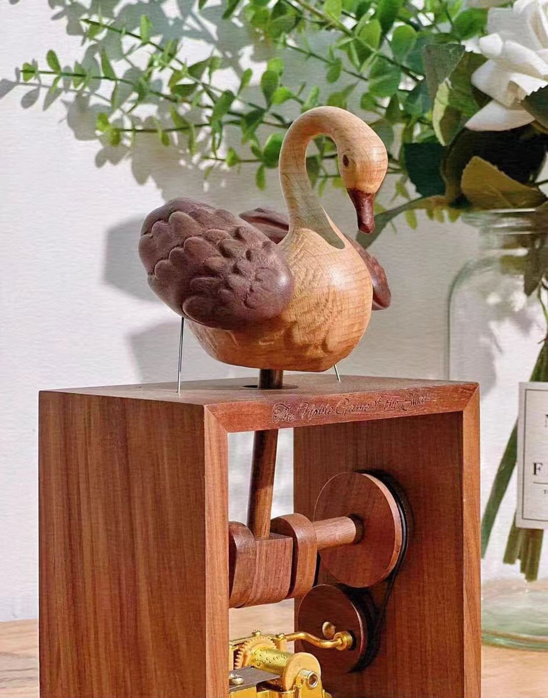 Wooden Swan Music Box [swan Music Box] Wooden Hand-cranked Swan Music ...