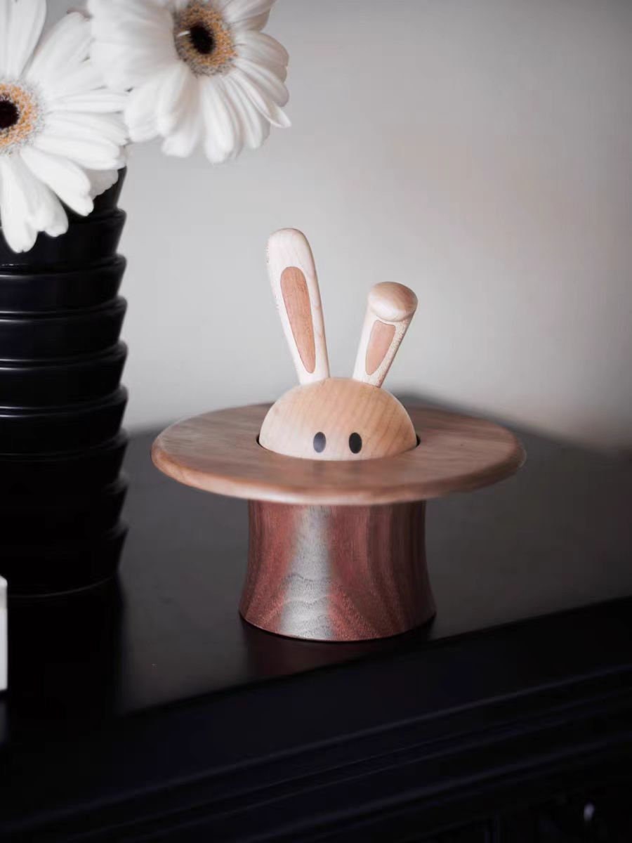 Magician Hat Wooden Music Box Rabbit, Wooden Rabbit Music Box Desktop ...