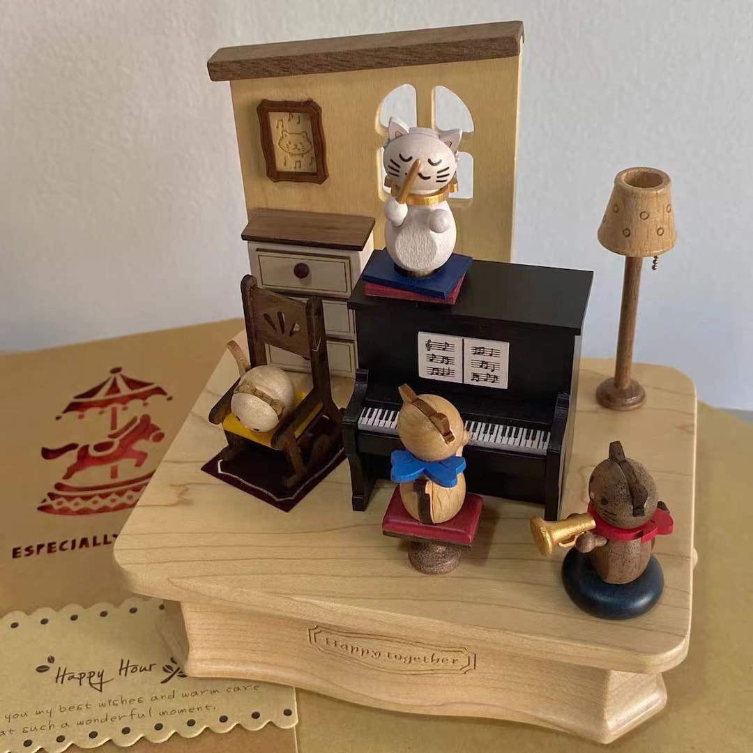 Exquisite Wooden Cat Music Box [cat Music Box], Cat Band Music Box ...