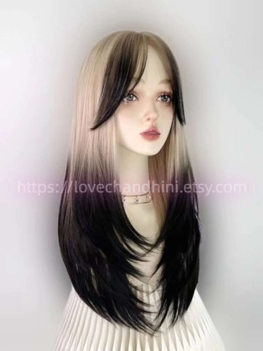 Long Trapezoid Bangs Blonde Gradient Black Wig Sweet Wig Cosplay Wig ...
