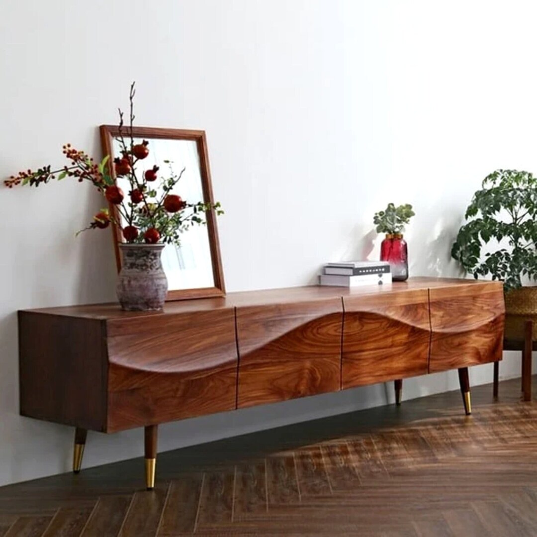 Lake Mid Century TV Stand With Wavy Design Walnut Storage 4 - Etsy