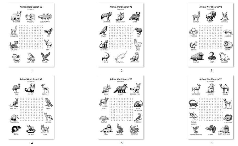 100 Animal Word Search Puzzle V2 , Instant Download , Printable A4 Size ...