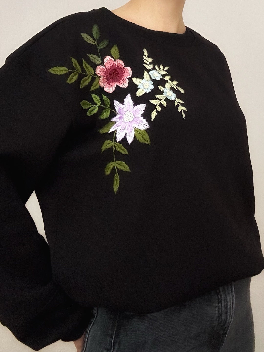 Custom Floral Hand Embroidered Black Sweatshirt - Etsy